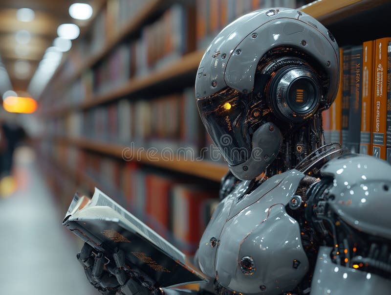 Modern Robot in the Library Reads Books, AI Research of Robot and ...