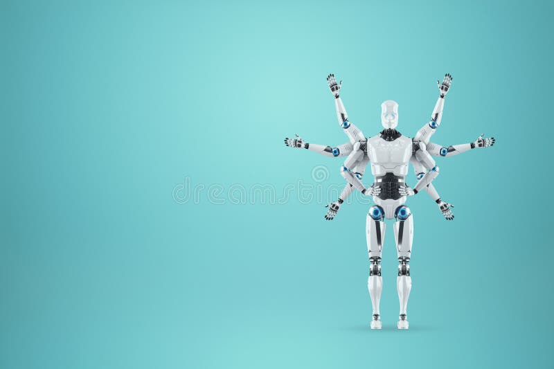Modern Robot with Many Arms, Multifunctional Robot Isolated on Blue ...