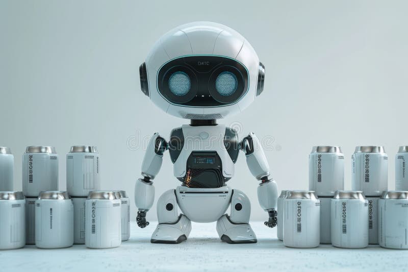 Futuristic Robot Showcasing a Selection of Eco-friendly Batteries Stock ...