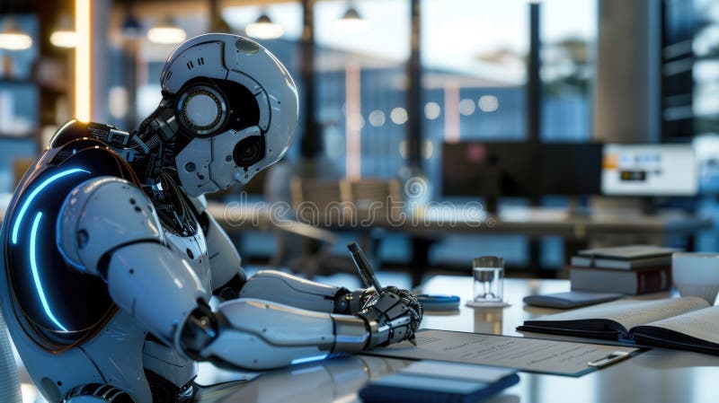 A Modern Robot Signs Documents in a Work Office, Teamwork between ...