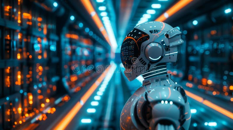 Modern Robot Standing in Server Room with Data Servers Digital ...