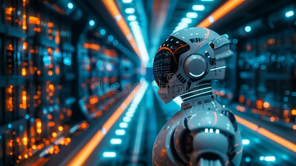 Modern Robot Standing in Server Room with Data Servers Digital ...