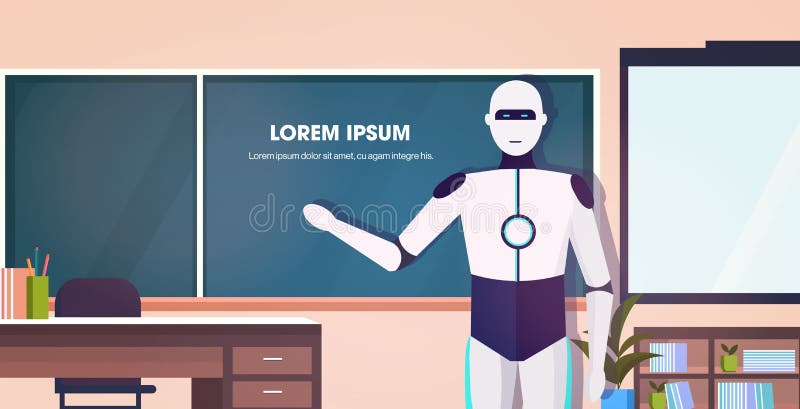 Modern Robot Teacher Standing in Front of Chalkboard Artificial ... Modern Robot Teacher Standing in Front of Chalkboard Artificial ...
