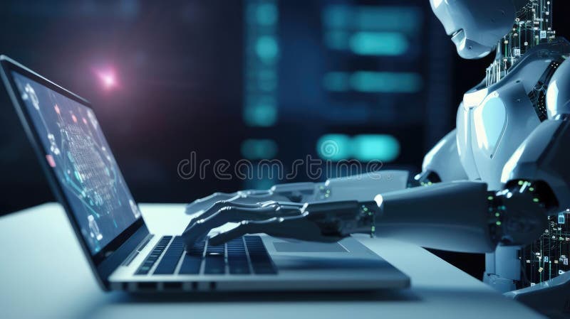 Modern Robot Typing on Laptop Stock Image - Image of online ...