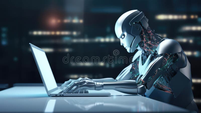 Modern Robot Typing on Laptop Stock Photo - Image of human, robot ...