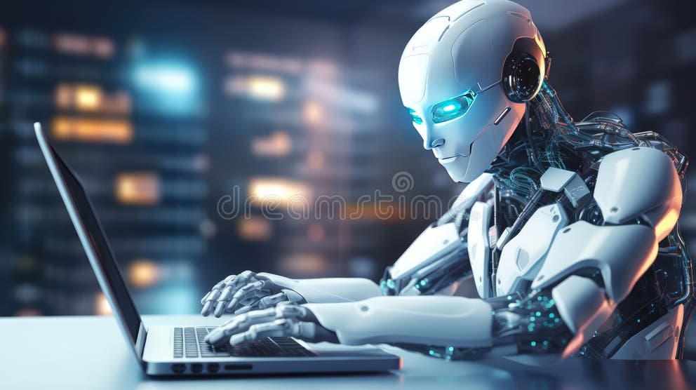 Modern Robot Typing on Laptop Stock Image - Image of concept, internet ...