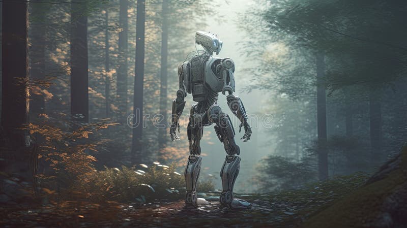 Modern Robot in the Woods, Digital Art Illustration, Generative AI ...