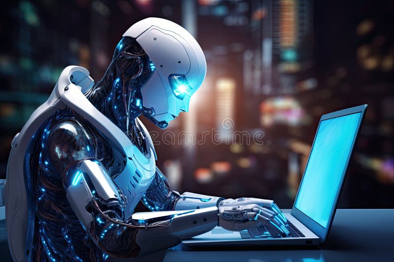 Modern Robot Work on Computer in Office Digital Technology AI Generated ...