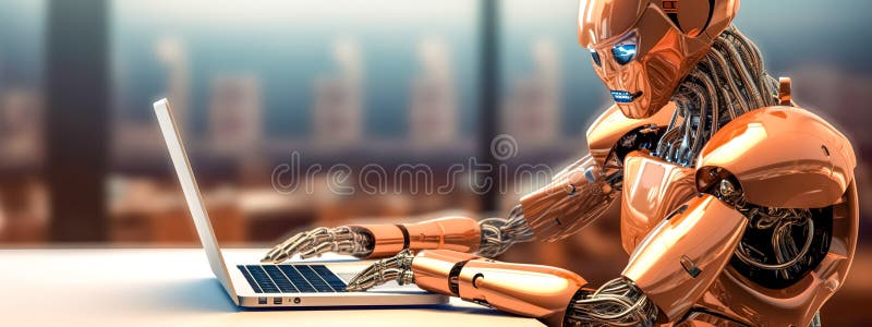 Modern Robot Works on the Laptop, Banner Stock Image - Image of chat ... Modern Robot Works on the Laptop, Banner Stock Image - Image of chat ...