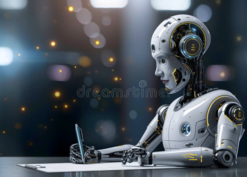 A Modern Robot Writing with a Pen on a Paper Stock Illustration ...