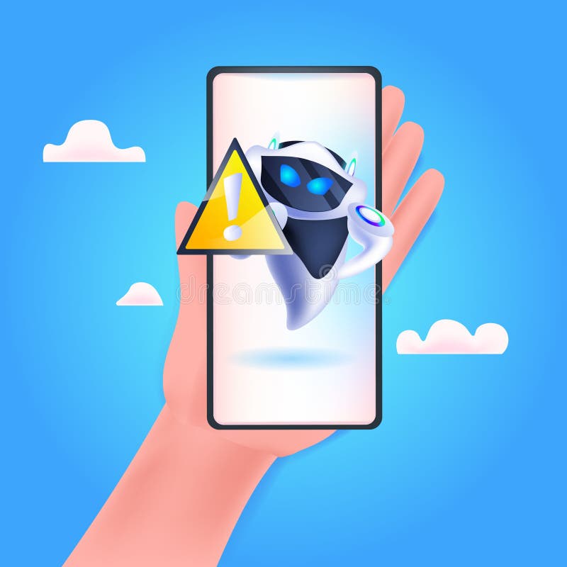 Modern Robot with Yellow Triangle Sign with Exclamation Mark Running ...