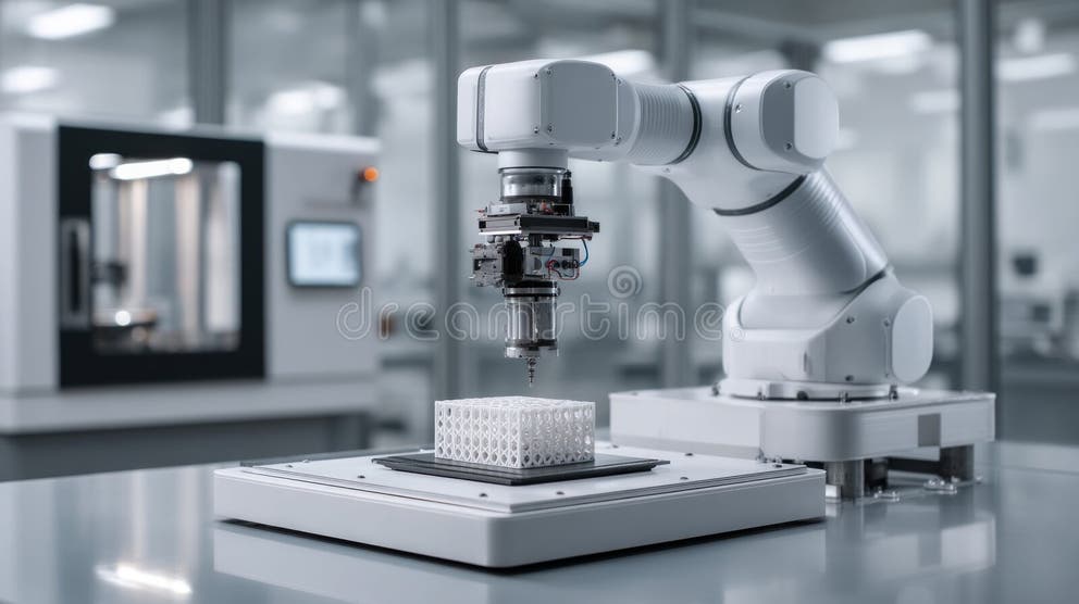 A Modern Robotic Arm Carefully Places Components into a 3D Printed ...