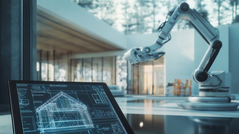 Modern Robotic Arm Constructing House Plans in Sleek Interior Space ...
