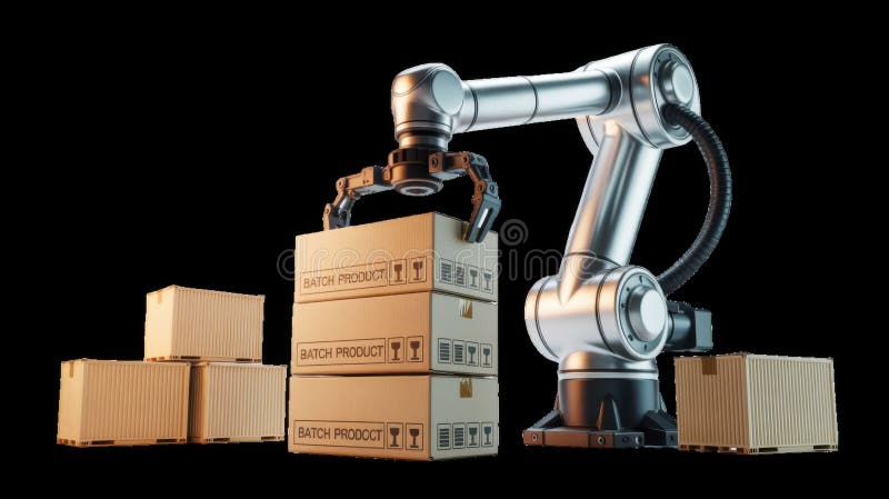 Robotic Arm Lifting Batch Product Cardboard Boxes on Transparent ...
