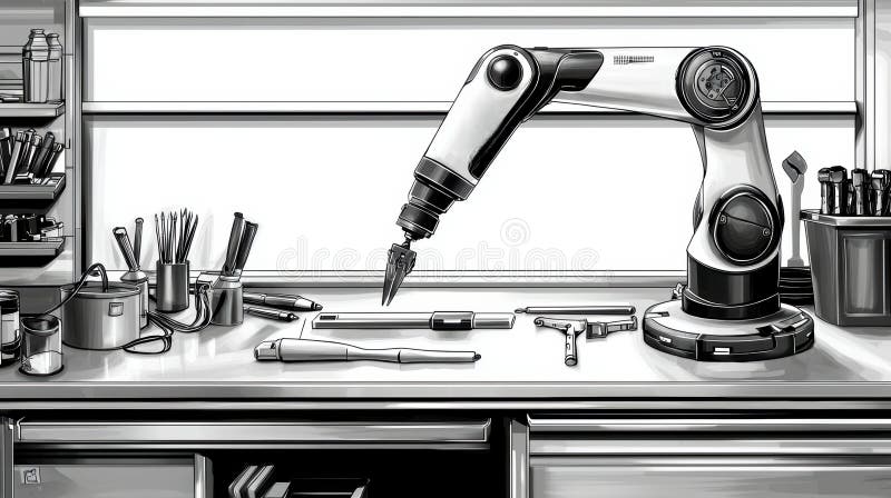 Modern Robotic Arm in a Workshop with Precision Tools and Equipment on ...