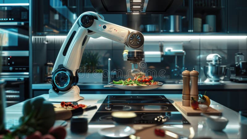 A Modern Robotic Arm in a Sleek Kitchen Setting Serving a Plate of ...