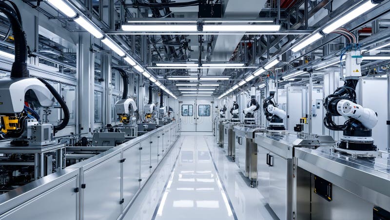 Advanced Robotics Assembly Line in a High-tech Manufacturing Facility ...