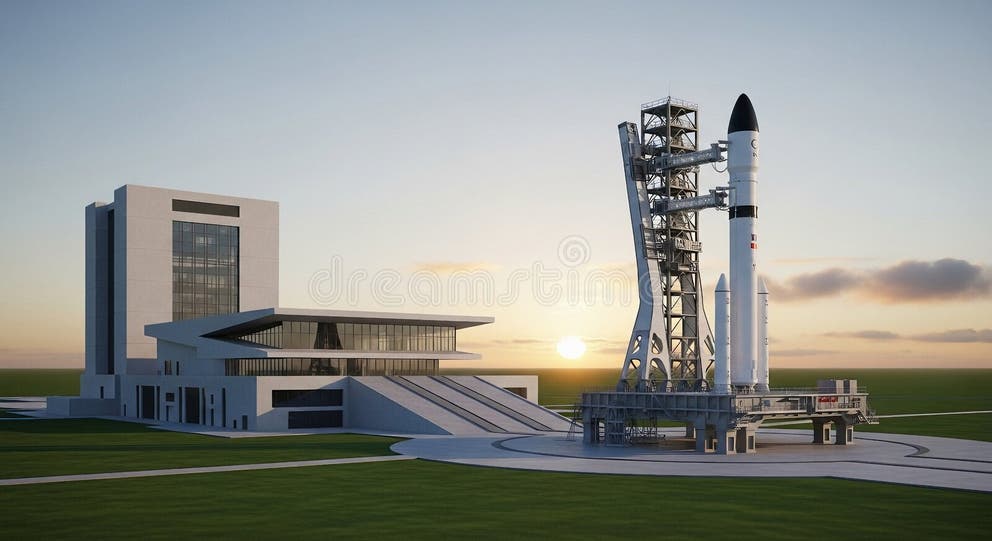 Modern Rocket Launch Complex and Tall Spacecraft on Launchpad at Sunset ...