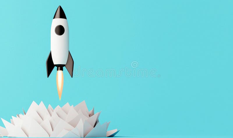 A Modern Rocket Launching Upward with Vibrant Blue Background ...