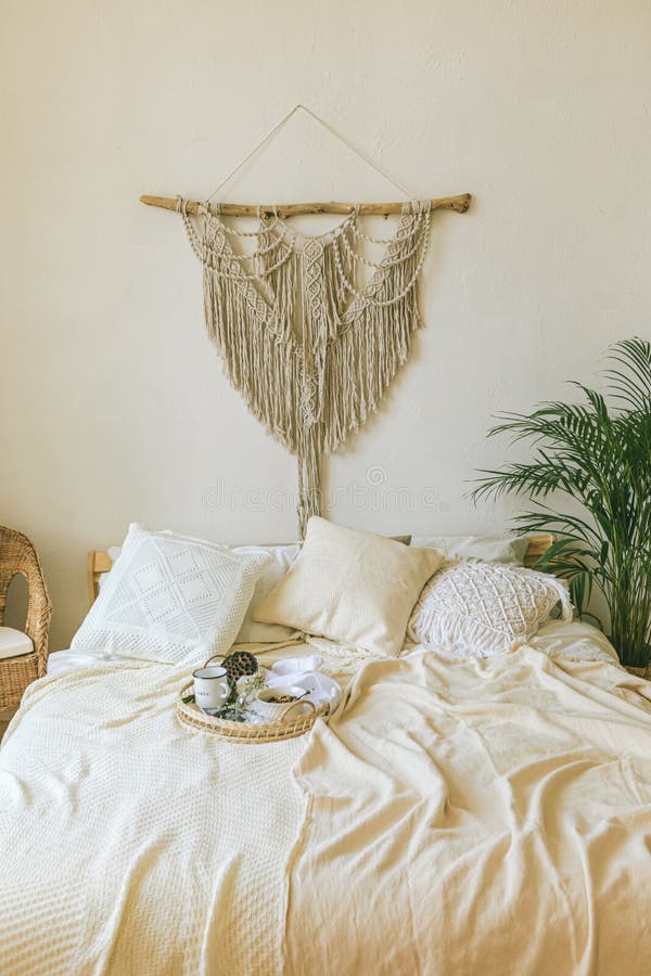 Modern Romantic Boho Style Bedroom Interior with Macrame Wall Panel ...