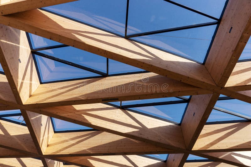 Modern Roof Construction Made of Wood and Glass Stock Image - Image of ...