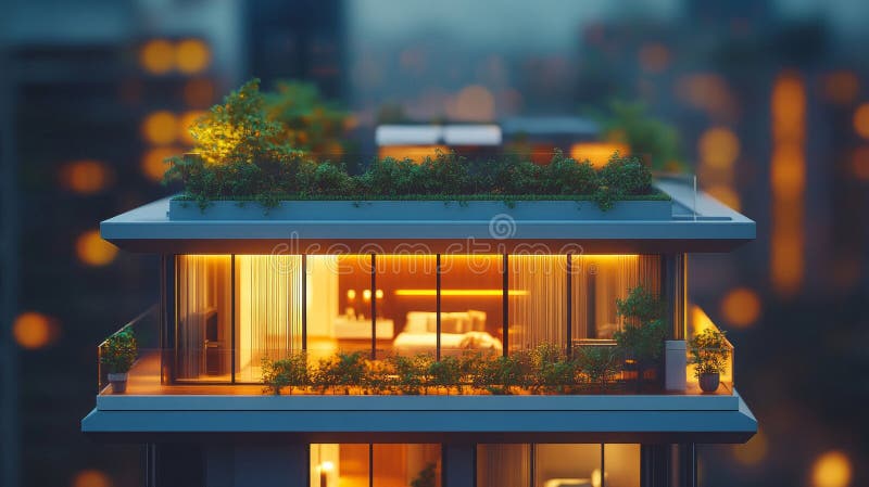 Modern Rooftop Apartment at Night with City Lights Stock Illustration ...