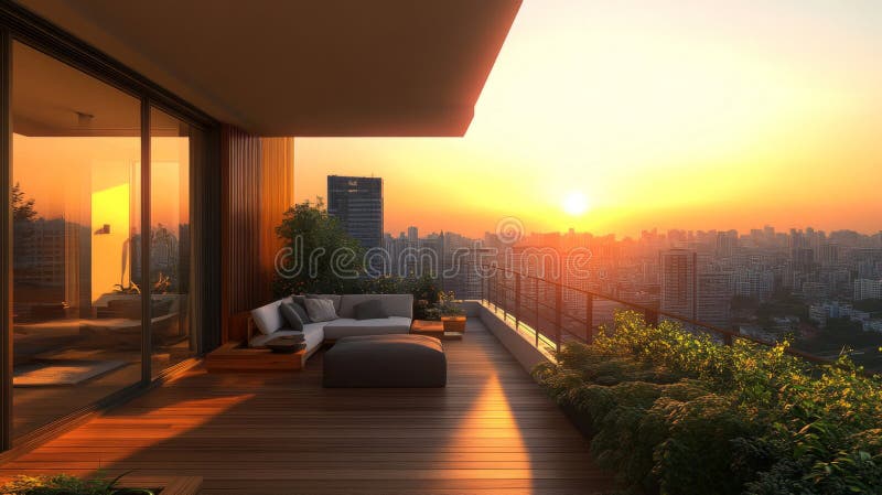 Modern Rooftop Balcony with City Sunset View Stock Illustration ...
