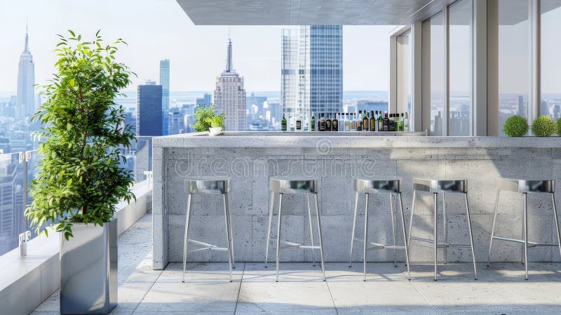 Modern Rooftop Bar with City Skyline View Stock Illustration ...