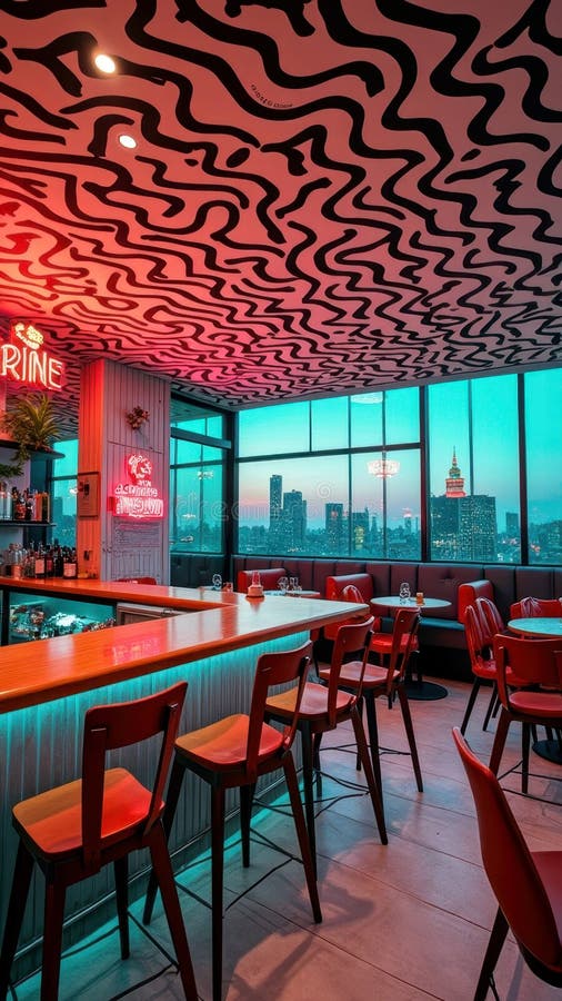 Modern Rooftop Bar Neon Lights City Skyline View Sunset Stock Photos ...