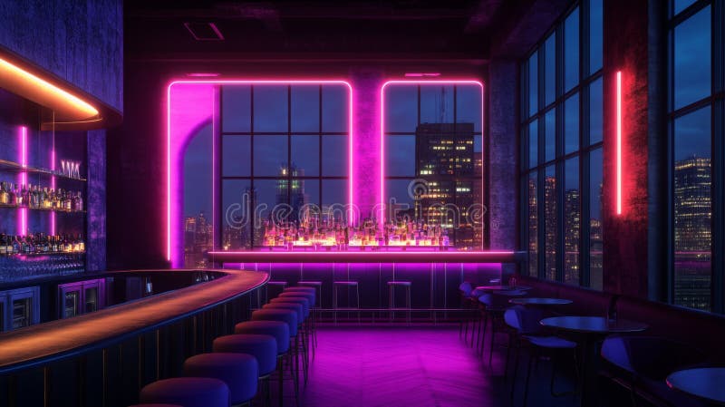 Modern Rooftop Bar with Neon Lights and City View Stock Illustration ...