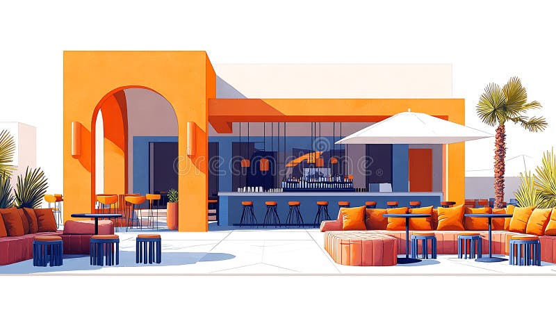 Modern Rooftop Bar with Orange and Blue Design Elements Stock ...