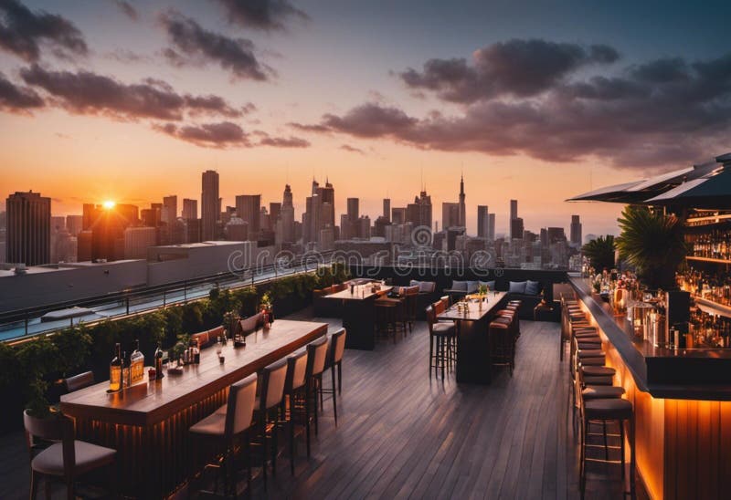 Modern Rooftop Bar with a Picturesque View of a City Skyline at Sunset ...