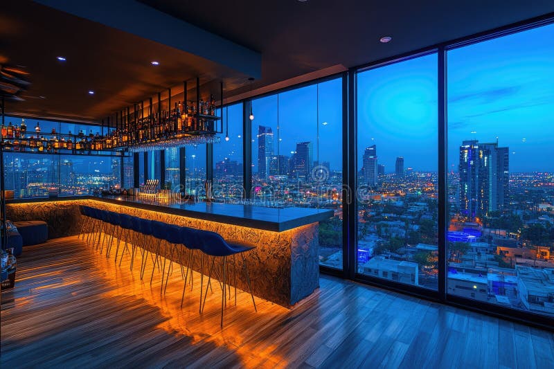 Modern Rooftop Bar with a Stunning View of the City Lights at Dusk ...