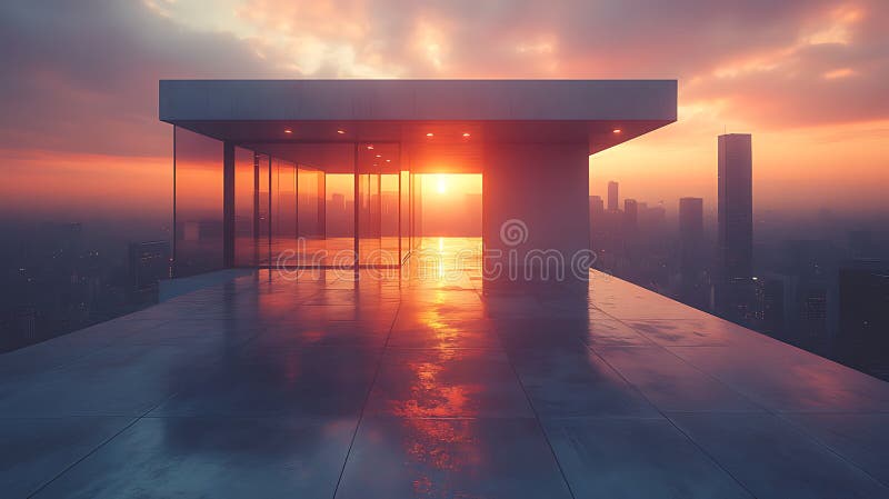 Modern Rooftop Building at Sunset Overlooking Cityscape Stock ...