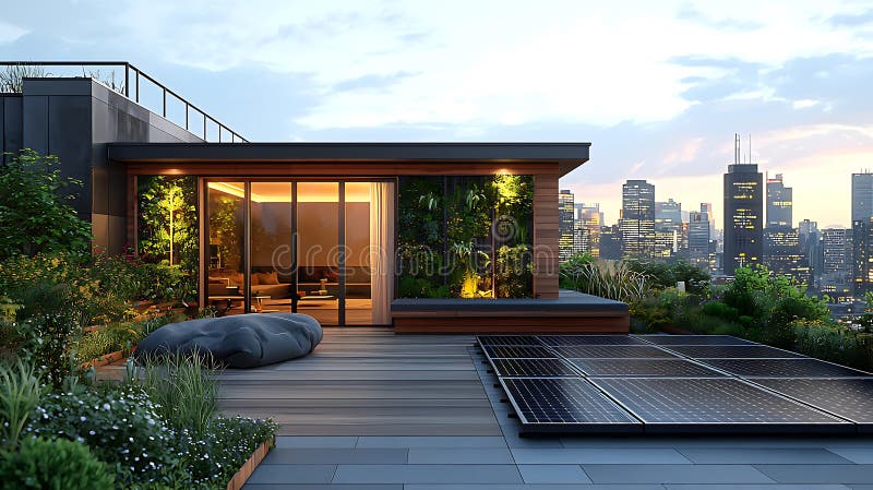 Modern Rooftop Deck with Solar Panels, Greenery, and City Views Stock ...