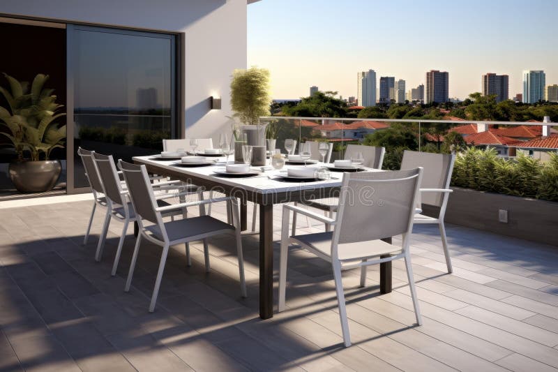 Modern Rooftop Dining with Cityscape View at Sunset Stock Illustration ...