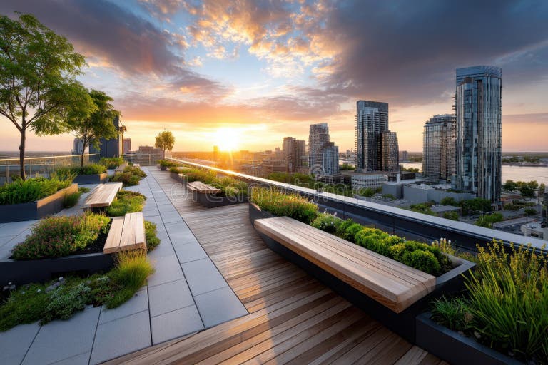 Modern Rooftop Garden with City View at Sunset Stock Image - Image of ...