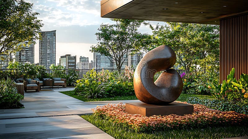 Modern Rooftop Garden Featuring Creative Sculptures and Lush Greenery ...