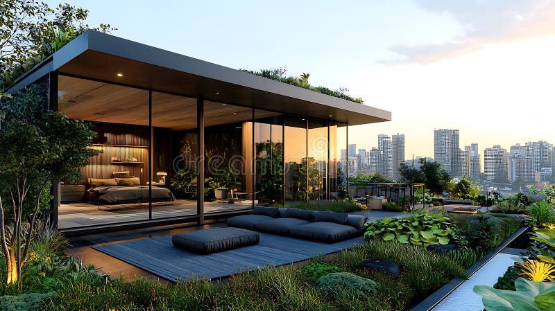 Modern Rooftop Garden Featuring Sleek Glass Pavilion and Lush Greenery ...