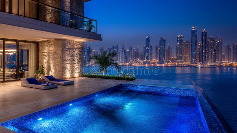 Modern Rooftop Infinity Pool with City Skyline View at Dusk Stock ...