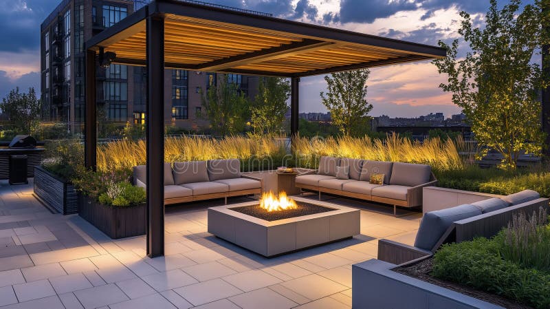 Modern Rooftop Lounge Cozy Fire Pit City Sunset View Stock Photos ...