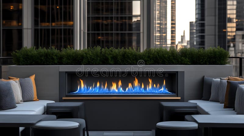 Modern Rooftop Lounge Fire Pit Cityscape View Stock Illustration ...
