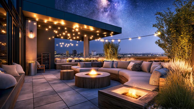 Modern Rooftop Lounge with Fire Pits and City Skyline Under Starry ...