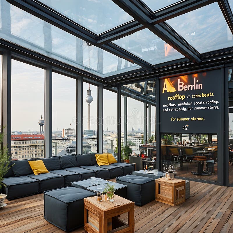Modern Rooftop Lounge with Large Windows and a Retractable Glass ...