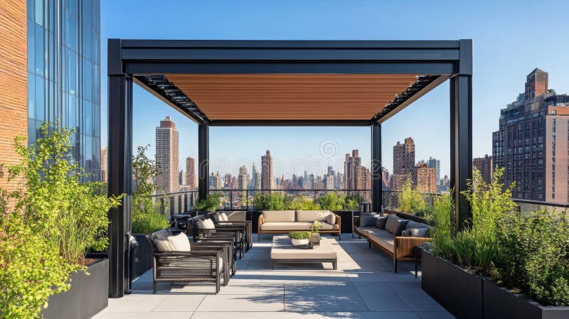 Modern Rooftop Patio with City View and Canopy Stock Illustration ...