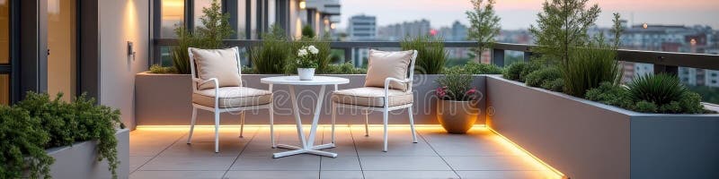 Modern Rooftop Patio with Elegant Seating and City View at Dusk Stock ...
