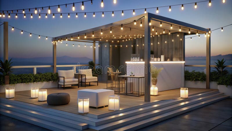 Modern Rooftop Patio with Elegant String Lights at Sunset Stock Image ...