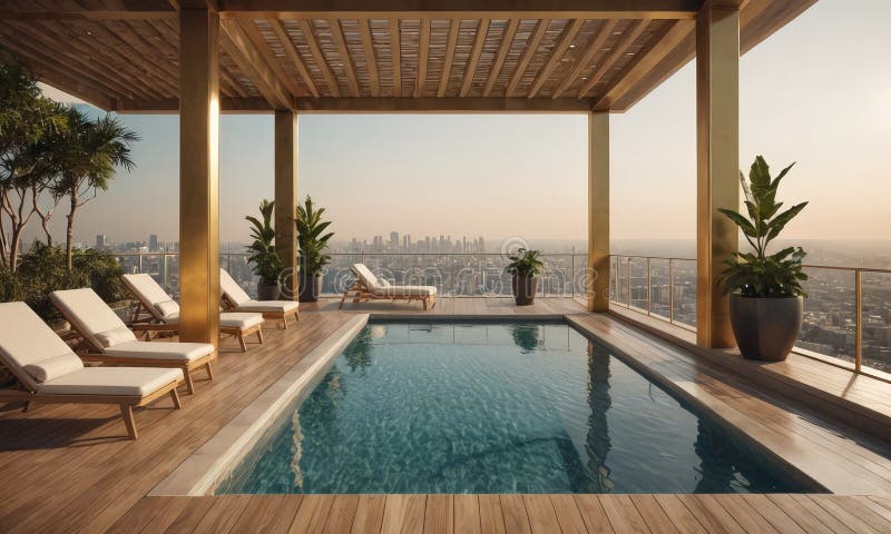 Modern Rooftop Pool Area Features Rectangular Pool, Wooden Deck, and ...