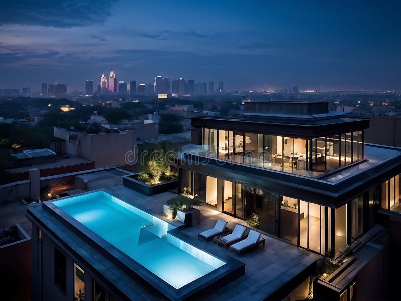 Modern Rooftop Pool with City Skyline View Stock Illustration ...