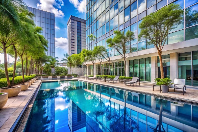 Modern Rooftop Pool with City View, Palm Trees, and Lounge Chairs Stock ...